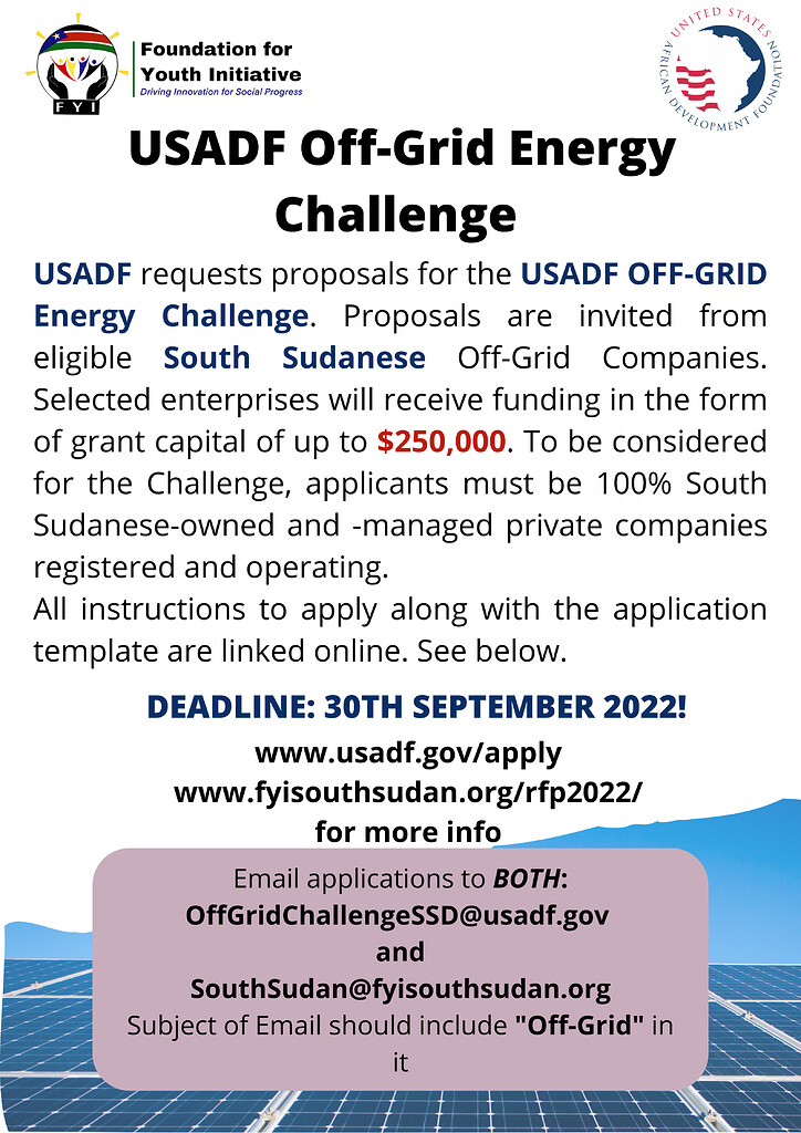 USADF Off-Grid Challenge Deadline: 30TH SEPTEMBER 2022 - Tenders ...