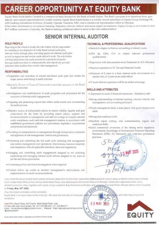 SENIOR INTERNAL AUDITOR (1) - Job Vacancies - South Sudan NGO Forum ...